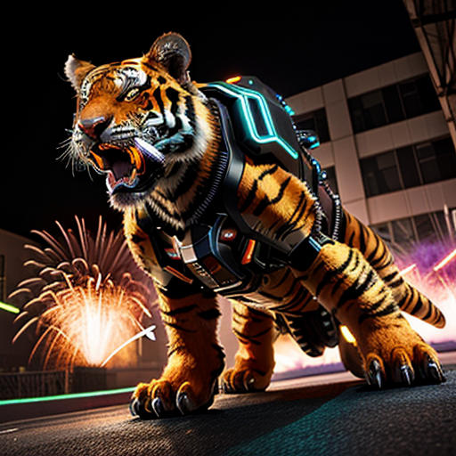 LOUVARY: A roaring cybernetic tiger made of metal and wires on a neon ...