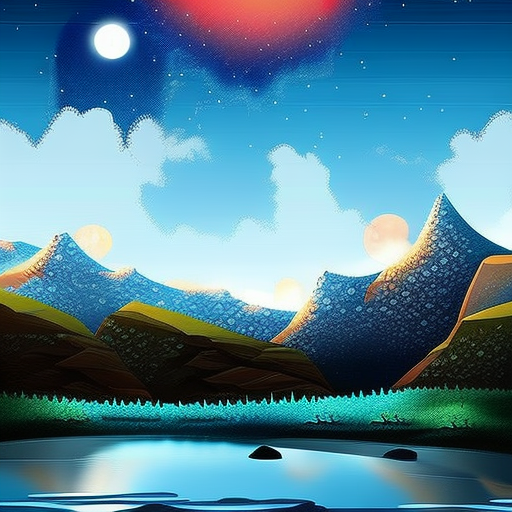 bitfloorsghost: a landscape with rivers and stars and a sun in the sky