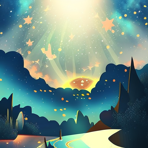 bitfloorsghost: a landscape with rivers and stars and a sun in the sky