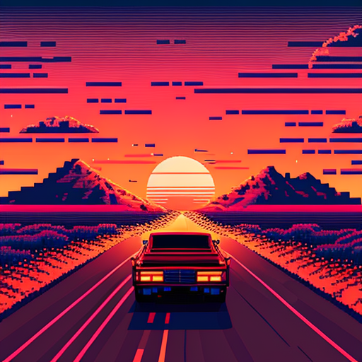 Car Driving Into Sunset Drawing