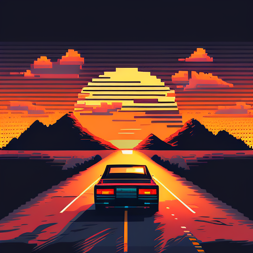 addison: A car driving into the sunset, two-point perspective