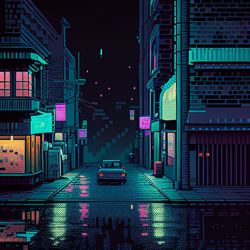 bitfloorsghost: a pixelated still of a street at night, pixel art ...