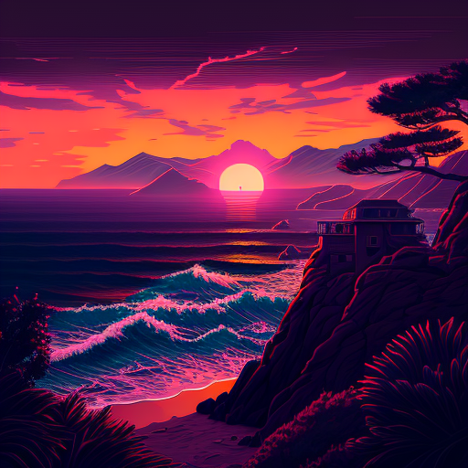 anneliese: A synthwave style tuscan sunset with an ocean in the background