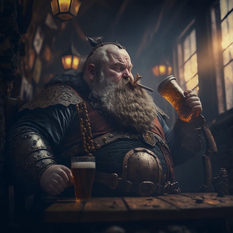 firbolg: Dwarf with battleaxe drinking beer in a tavern