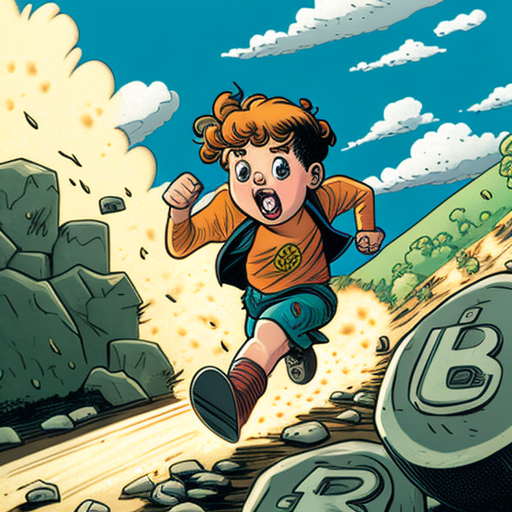 haunting-fox606: Comic boy running downhill chasing a Bitcoin
