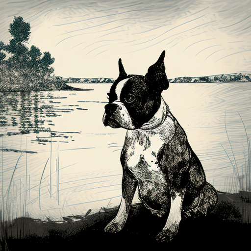 PromptPa: A Boston terrier in a meditation in front of a lake in Zen ...