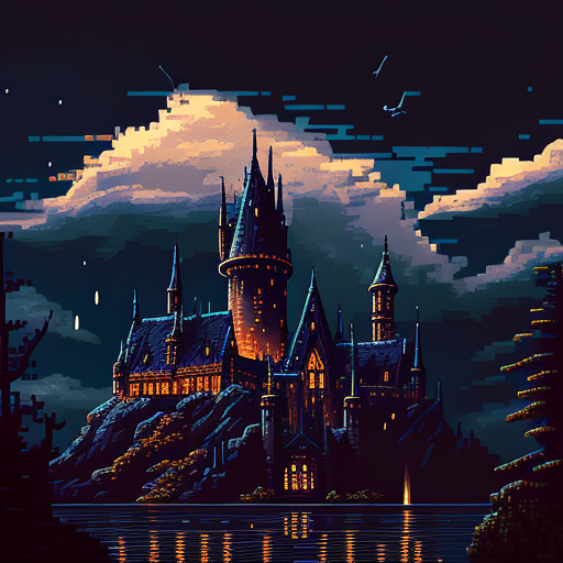 mglass: Hogwarts castle in warm tones with ominous clouds surrounding it