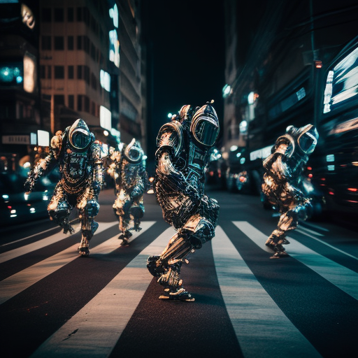 brucewayne: A Group of cyborgs dancing in the the streets of feudal japan