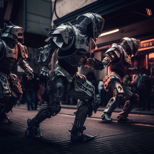 brucewayne: A Group of cyborgs dancing in the the streets of feudal japan