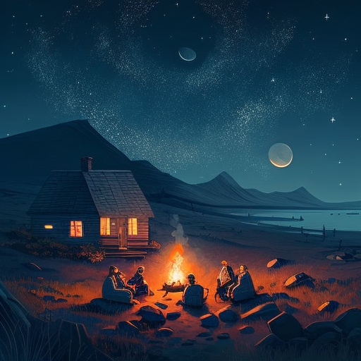neilbrown: 6 friends around a campfire. Setting is a field at night ...