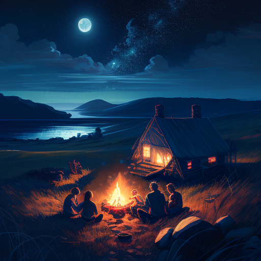 neilbrown: 6 friends around a campfire. Setting is a field at night ...