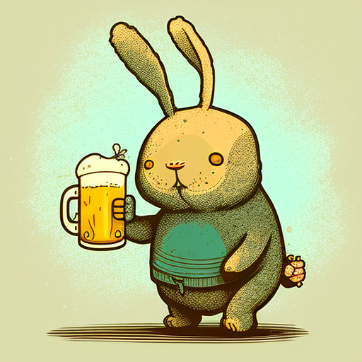 wei: Comic rabbit is holding a beer with a happy face