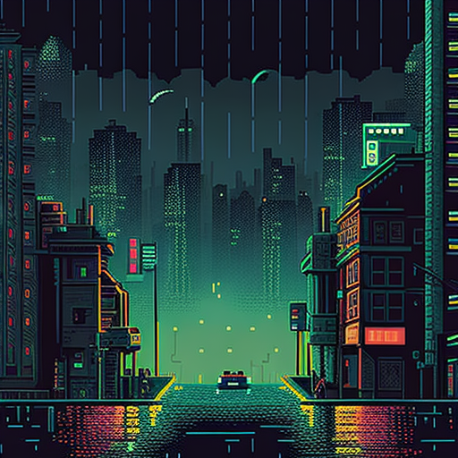 matteodockal: cyberpunk city, night, rain, skyline, SNES style,