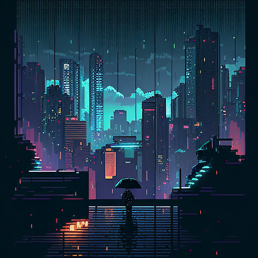 matteodockal: cyberpunk city, night, rain, skyline, SNES style,