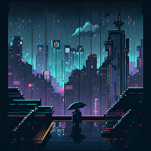 matteodockal: cyberpunk city, night, rain, skyline, SNES style,