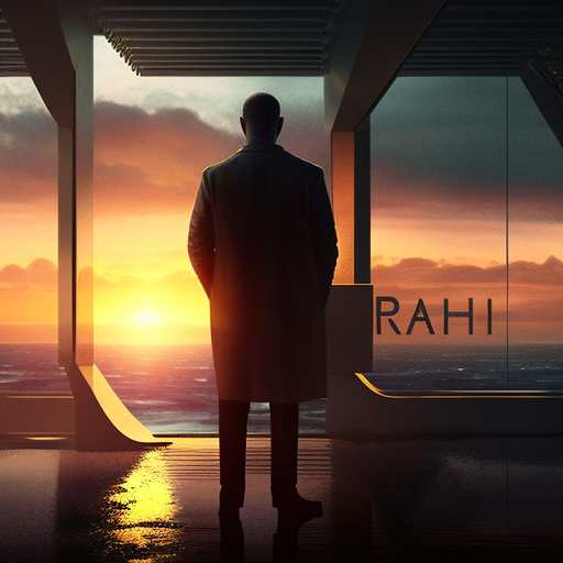 johnrath: The Architect from The Matrix looking out to an ocean sunset with a name tag on that ...