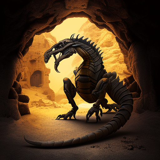 maxkemp: scorpion dragon with scorpion tail and cave background.