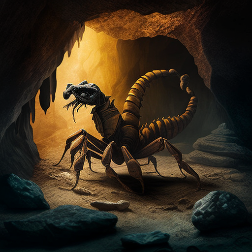 maxkemp: scorpion dragon with scorpion tail and cave background.