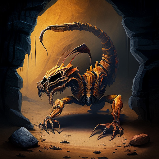 maxkemp: scorpion dragon with scorpion tail and cave background.