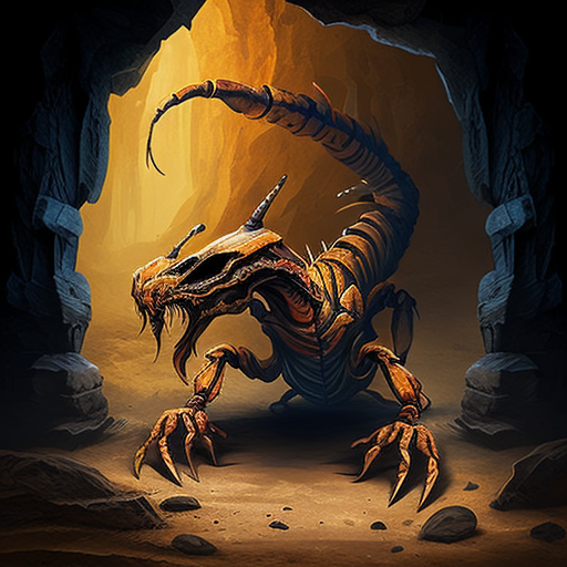 maxkemp: scorpion dragon with scorpion tail and cave background.
