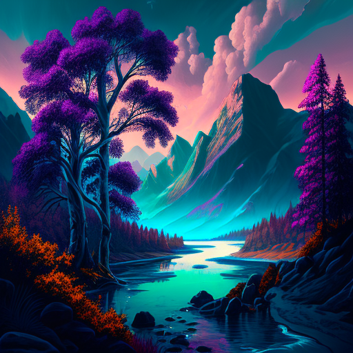 jeffszpak: Mystical landscape with trees, mountains, and river, hyper-color