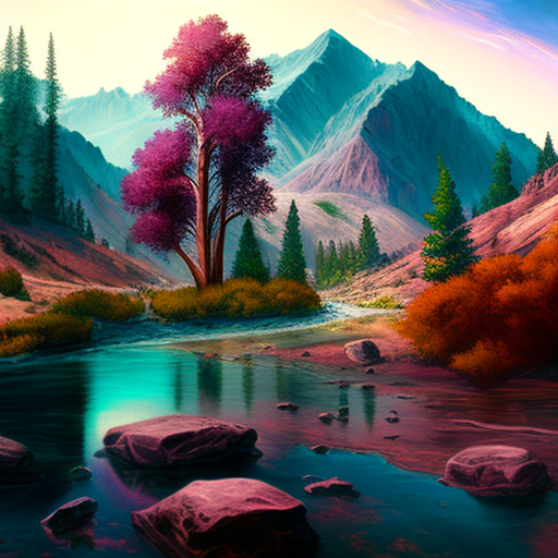 jeffszpak: Mystical landscape with trees, mountains, and river, hyper-color