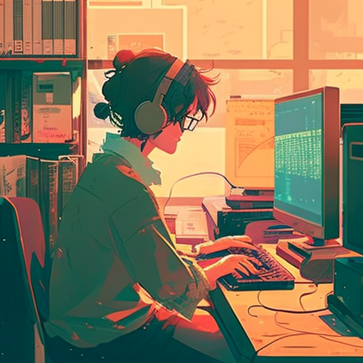 f: a person sitting at a desk with a computer and headphones in front ...