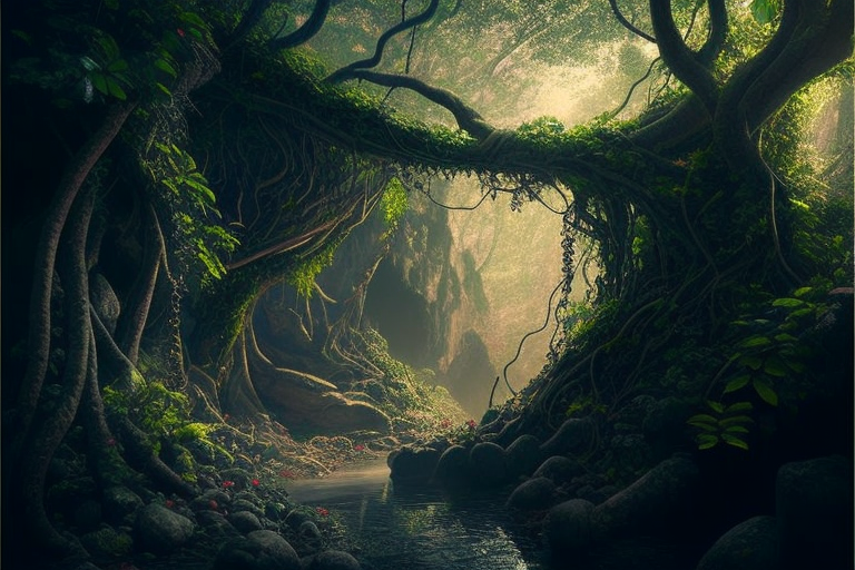 sirm: beautiful jungle landscape, beautiful vines growing, intricate ...