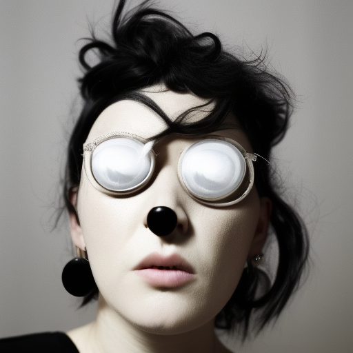 gs: elegant goth woman, black hair, straight bangs, glasses, black lipstick, piercings