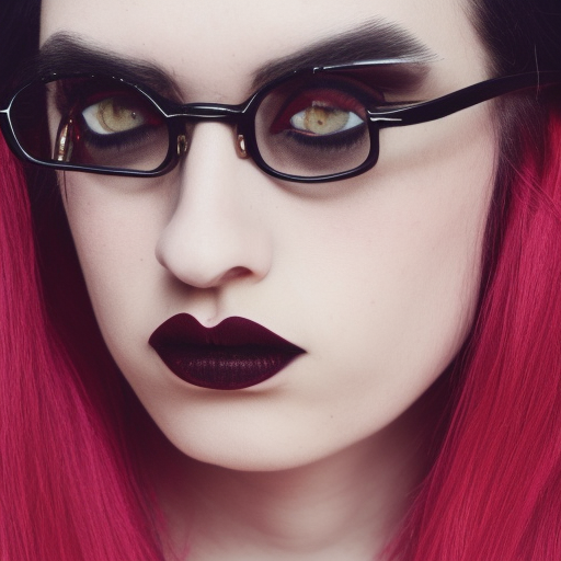 gs: elegant goth woman, black hair, straight bangs, glasses, black lipstick, piercings