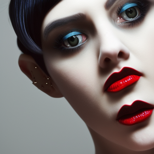 gs: elegant goth woman, black hair, straight bangs, glasses, black lipstick, piercings