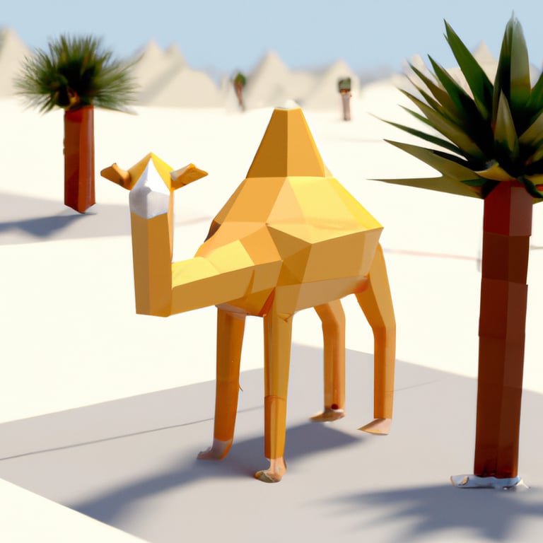 everythinggravy: yellow-polygon camel in desert-landscape, wide-angle ...