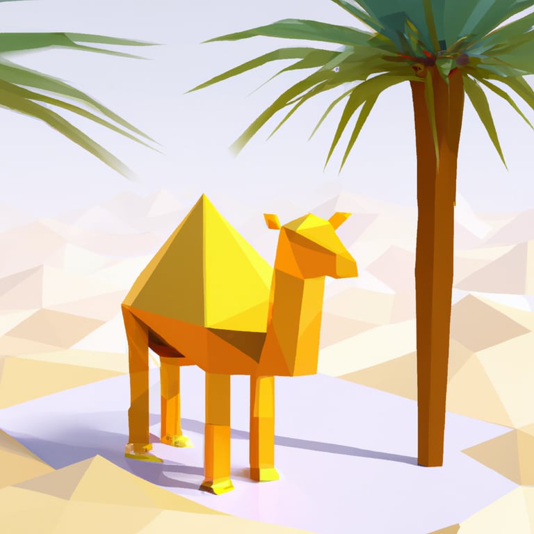 everythinggravy: yellow-polygon camel in desert-landscape, wide-angle ...
