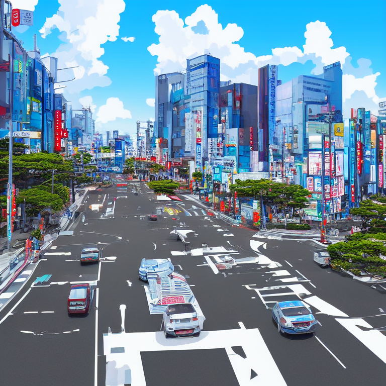 macymace: Tokyo, anime style, digital painting, blue skies, buildings ...