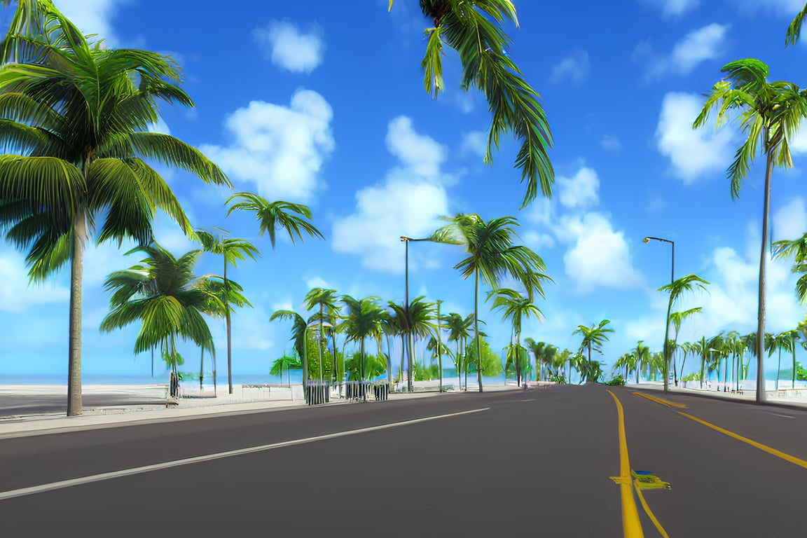prompthunt: A realistic photograph of Miami beach road, mid day, blue ...