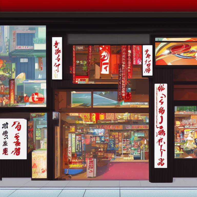 macymace: store front, japan, anime style, illustration, digital painting