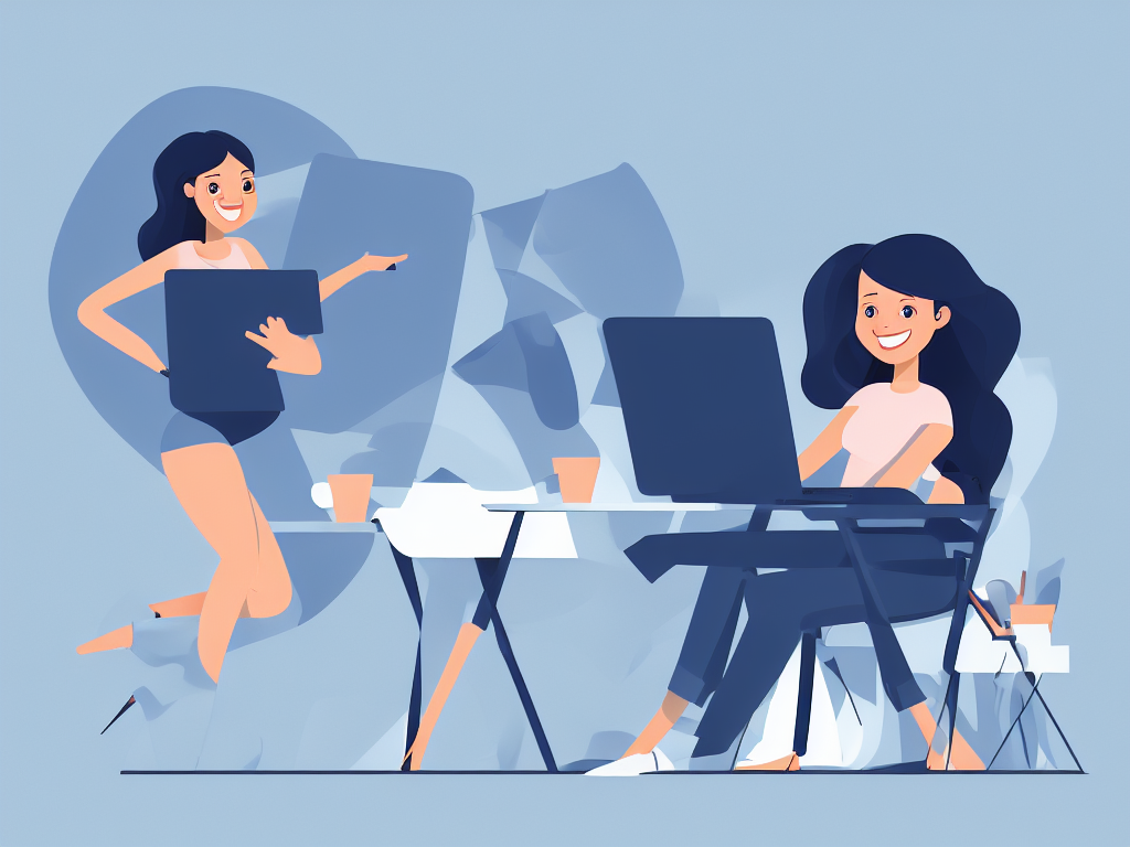 sharonkorach: A happy woman on a laptop in an office , dark blue background