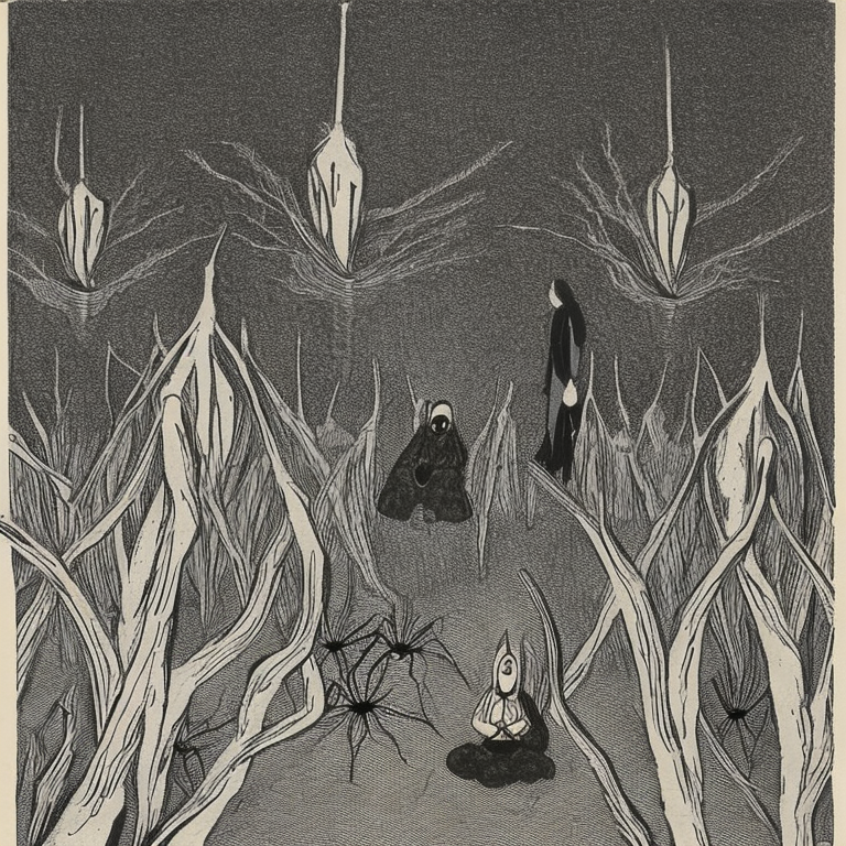 meltonfindley: Edward Gorey illustration of spiders, spooky, detailed, epic
