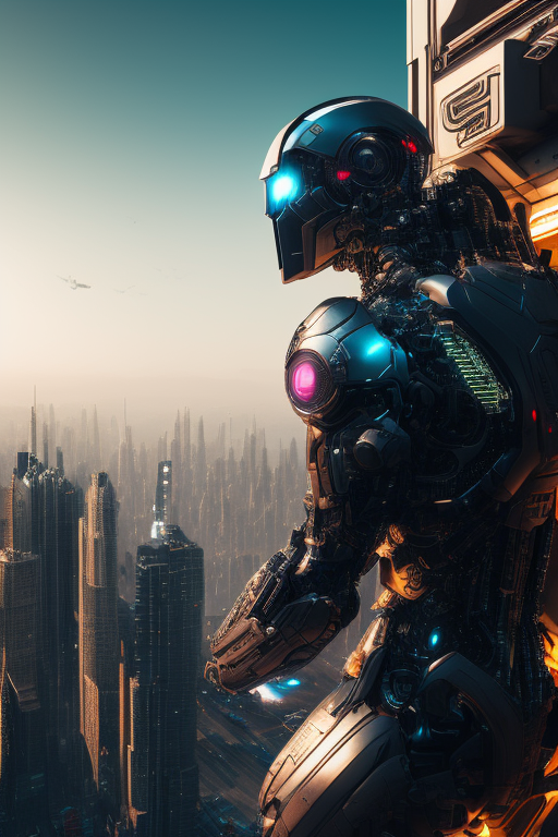 addison: cyborg sitting on a roof looking down at a city below