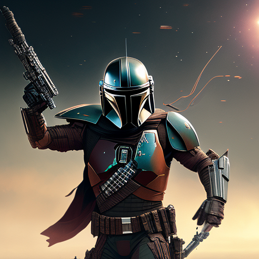 defi: mandalorian with groot dancing on his shoulder