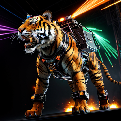 LOUVARY: A roaring cybernetic tiger made of metal and wires on a neon ...