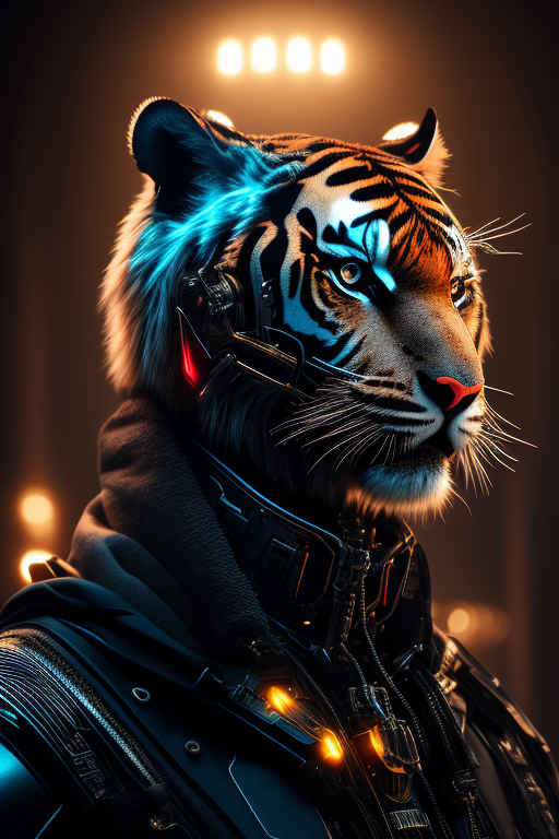 LOUVARY: A roaring cybernetic tiger made of metal and wires on a neon ...