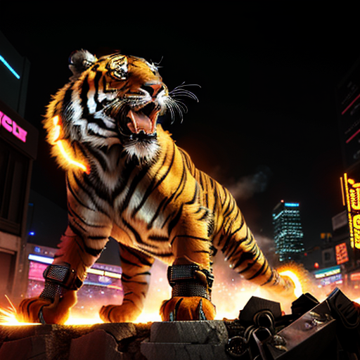 LOUVARY: A roaring cybernetic tiger made of metal and wires on a neon ...