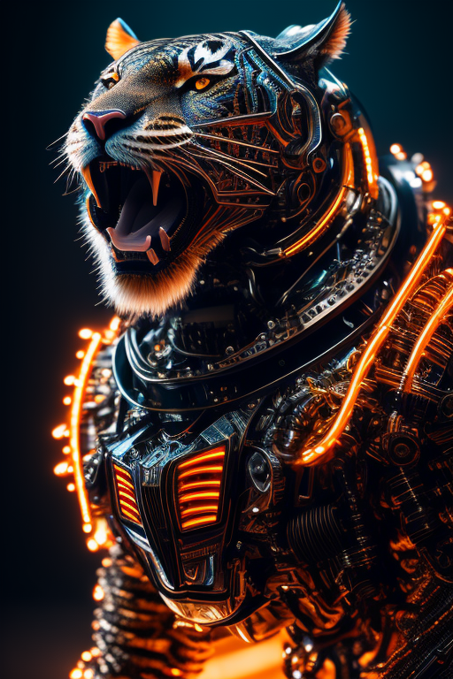 LOUVARY: A roaring cybernetic tiger made of metal and wires on a neon ...