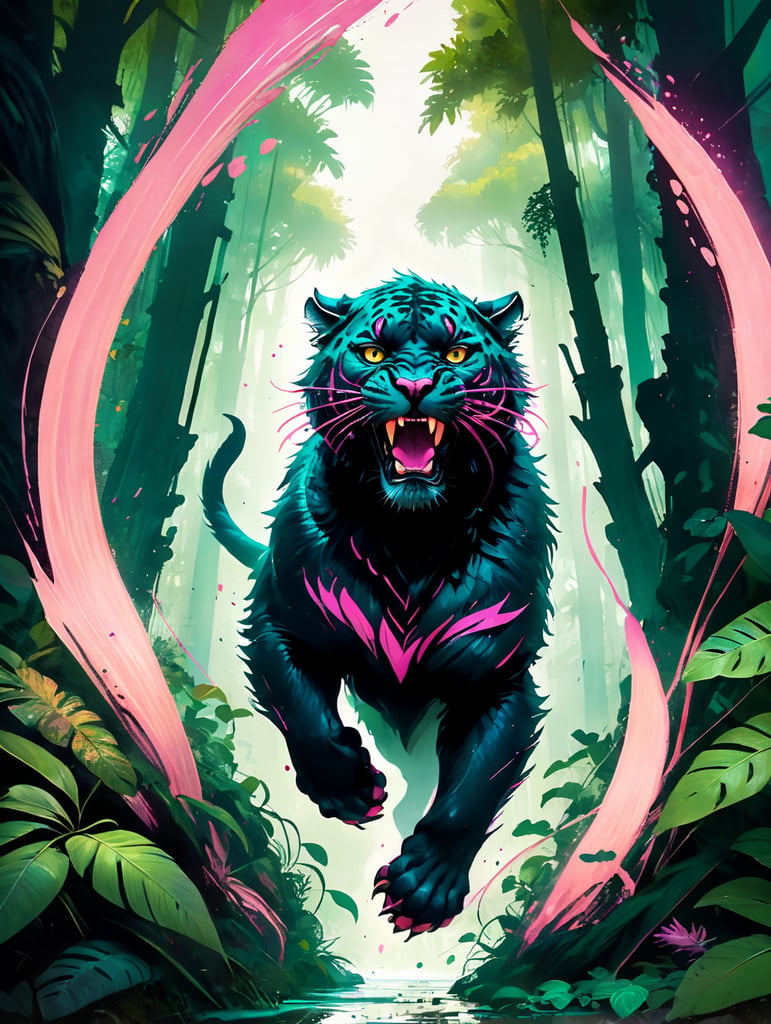 Premium Free ai Images | leaping furry panther surrounded by neon pink ...