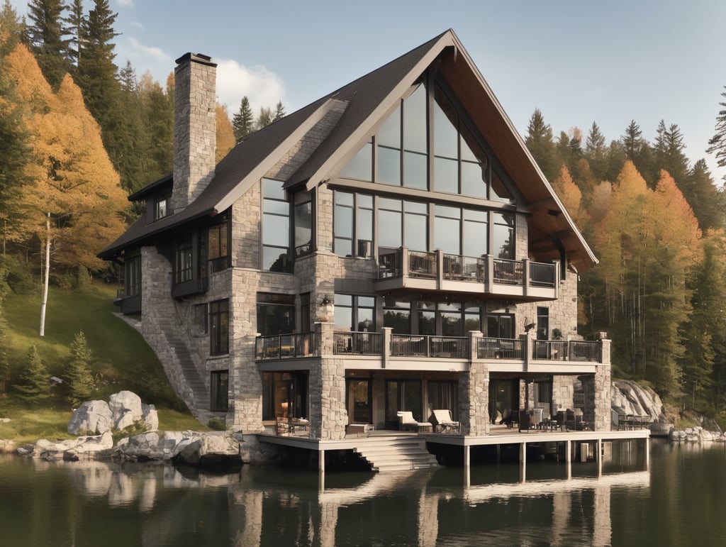 Premium Free ai Images | cottage on lake big windows has covered ...