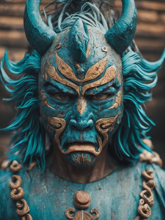 Premium Free ai Images | wooden japanese oni mask turquoise saturated ...