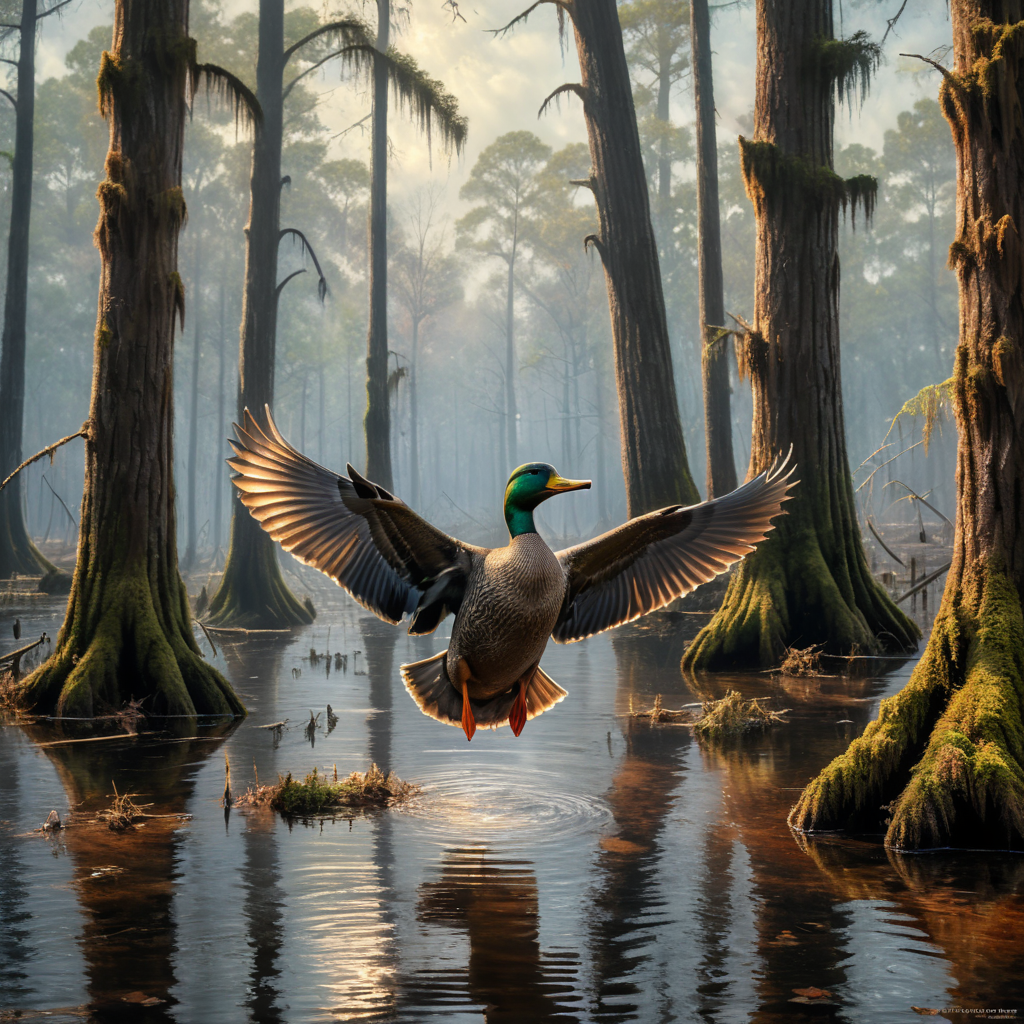 Premium Free ai Images | mallard duck flying in bald cypress swamp