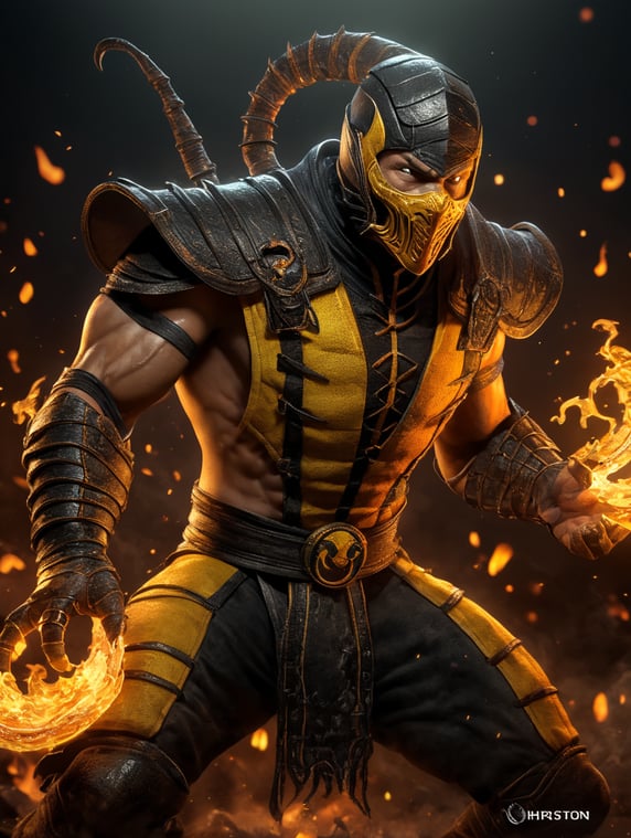 Premium Free ai Images | scorpion from mortal kombat cartoon style fire
