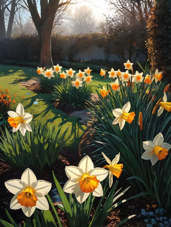 Premium Free ai Images | daffodils in flower bed in garden in spring ...